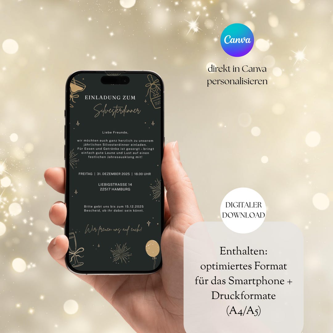 New Year's Eve Dinner Invitation, Canva Template, Digital Invitation ...
