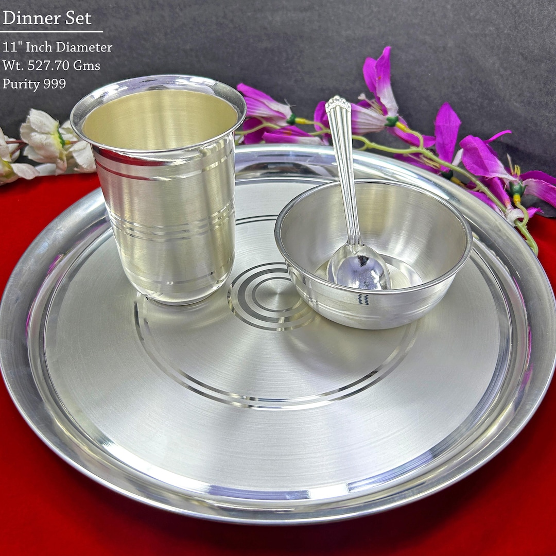 Sterling Silver Indian Thali Set: 11" Dinnerware, Bowl, Glass, Spoon - Etsy