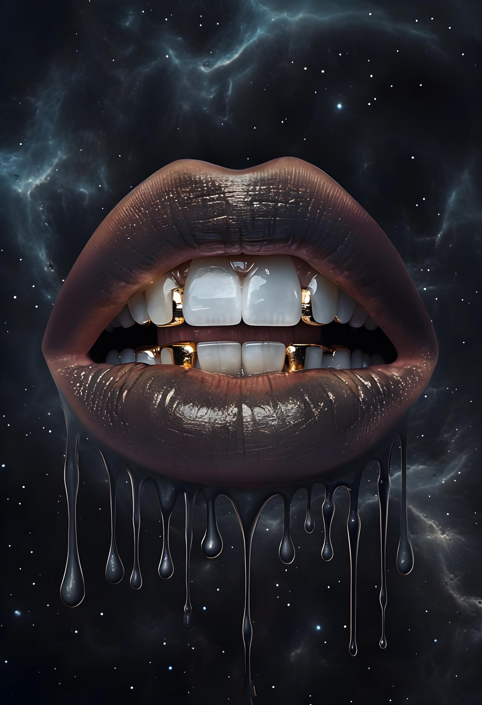 Galaxy Lips Digital Wall Art – Dripping Gold Grillz Printable Poster ...