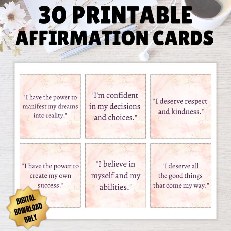 Printable 30 Positive Affirmation Cards Pink and Gold, Positive Flash ...