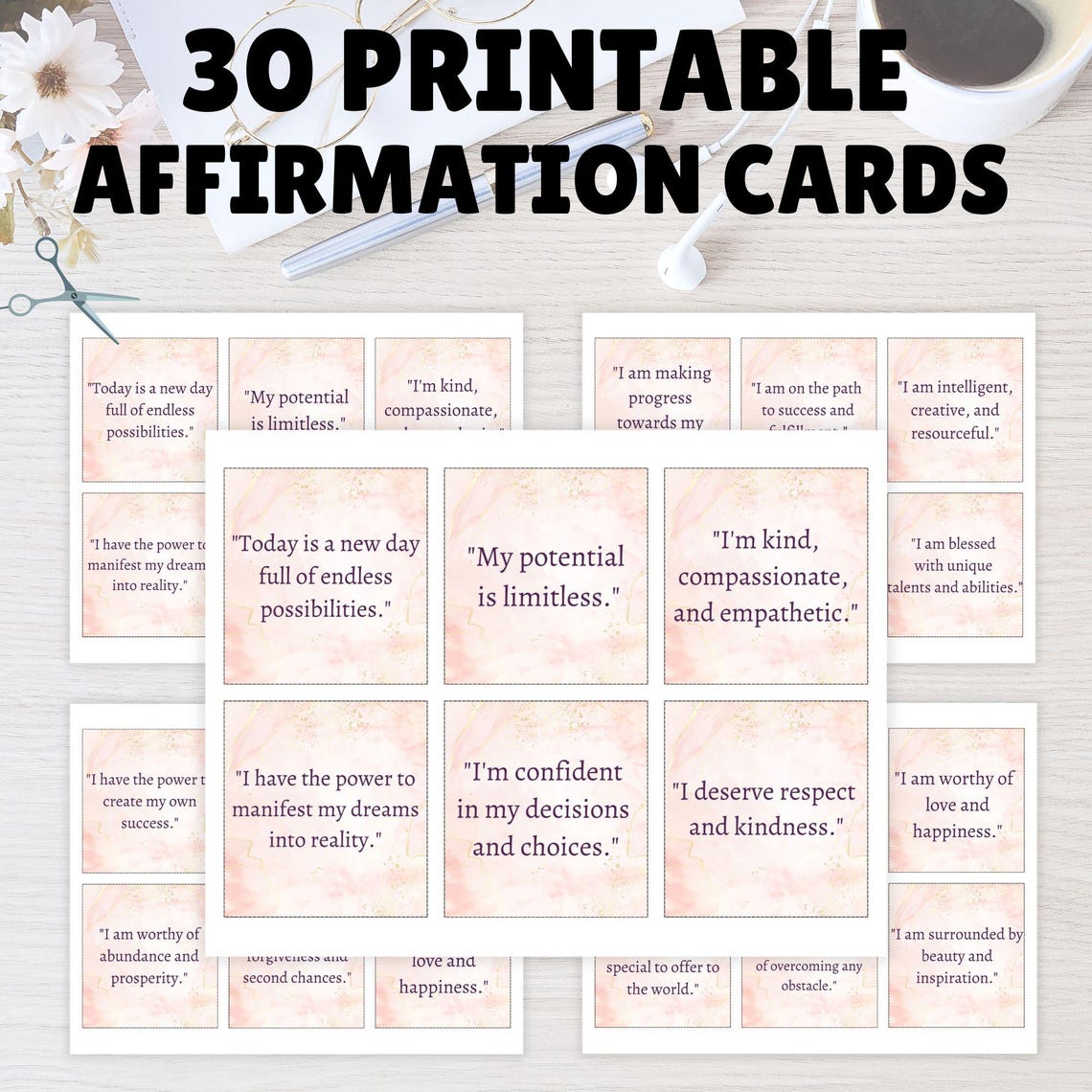Printable 30 Positive Affirmation Cards Pink and Gold, Positive Flash ...