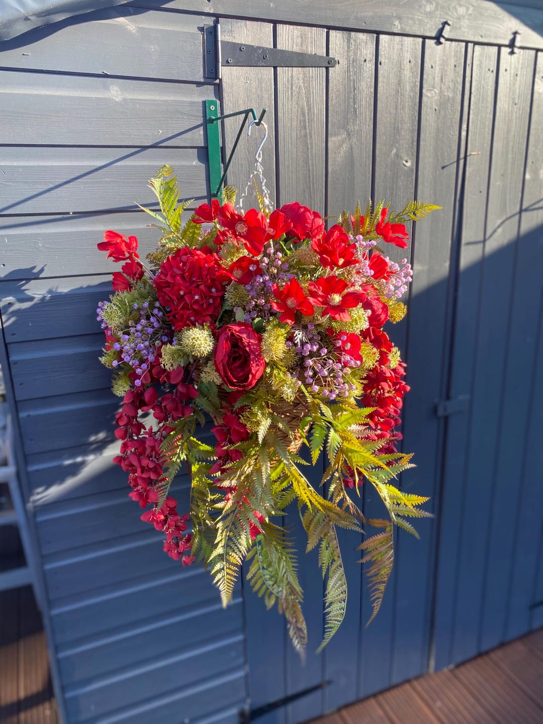 Luxury Red Faux Flower Hanging Basket | Artificial Flowers | Outdoor ...