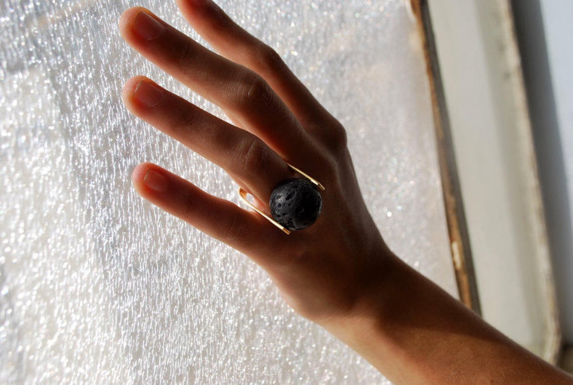 Black Ball Ring-black Lava Stone Ring-lava Ring-lava Stone Ring-kinetic ...