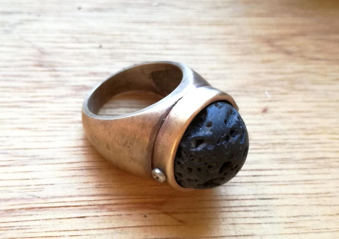 Lava Rock Ring-lava Stone Ring-brass Round Signet Ring-chunky - Etsy