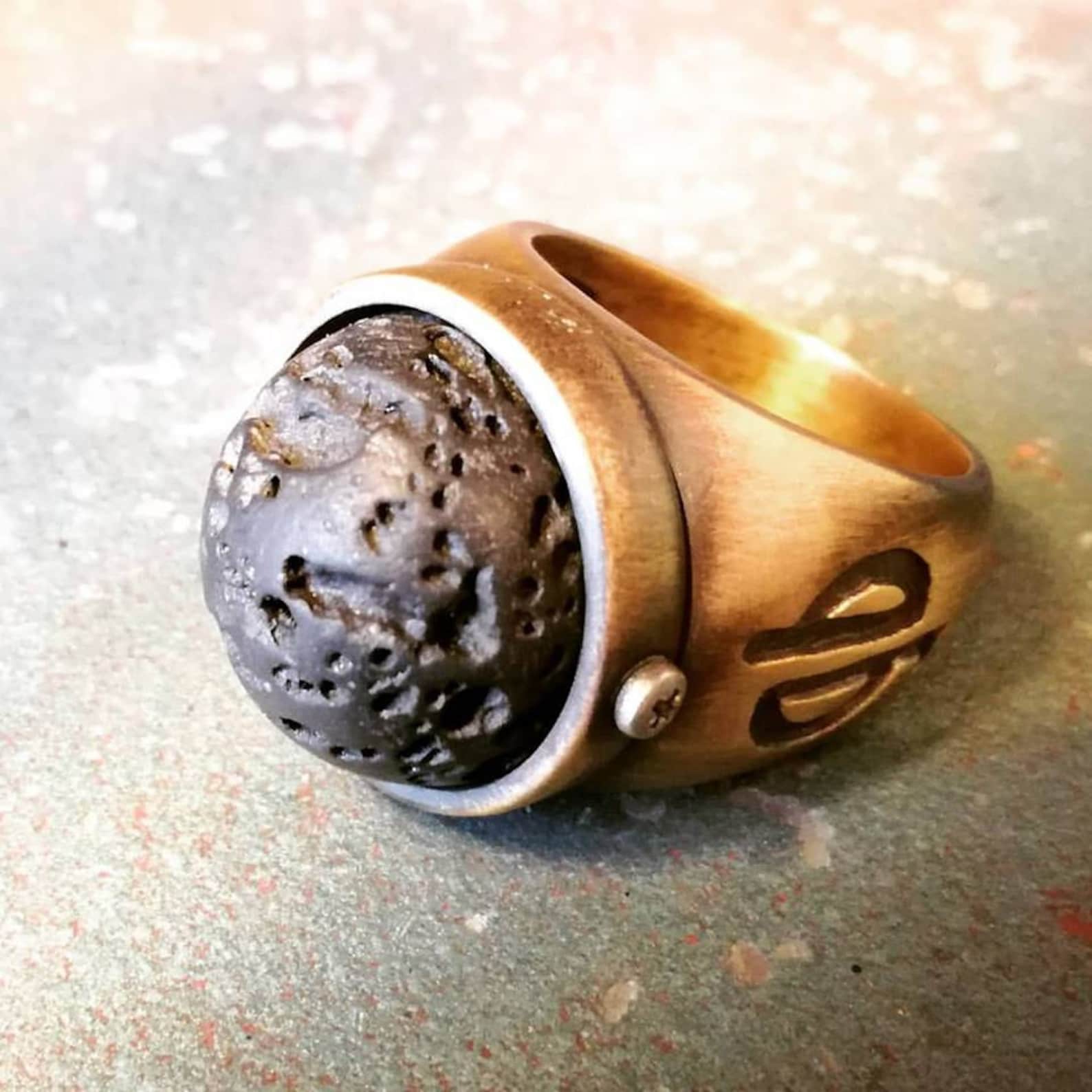 Lava rock ring-Lava stone Ring-Brass Round signet ring-Chunky | Etsy