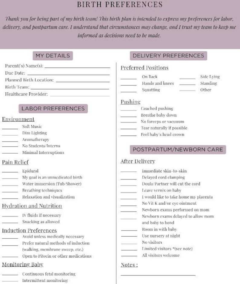 Editable Birth Plan Template Printable, Customizable Birth Plan for ...