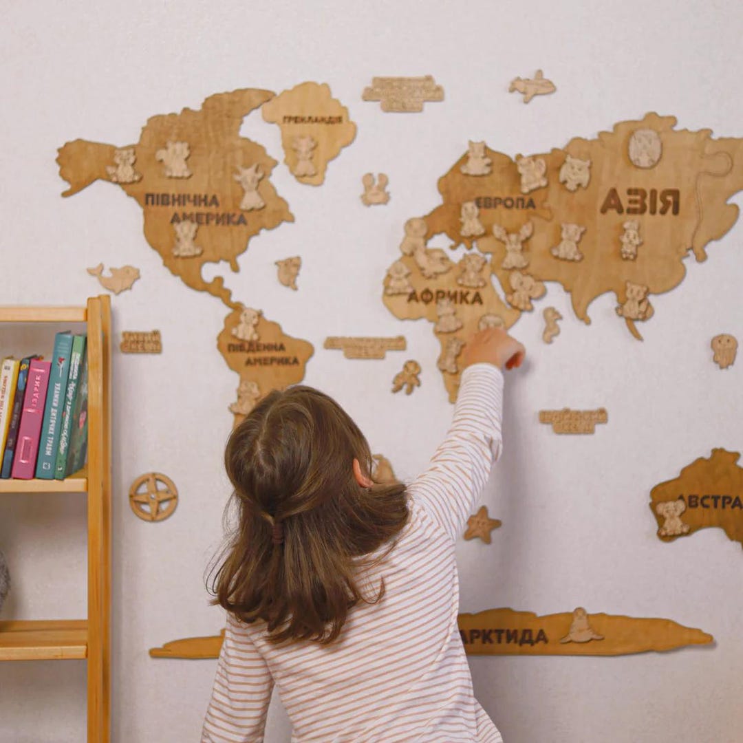 World Map With Animal Figures Educational Toy for Kids, Velcro and ...