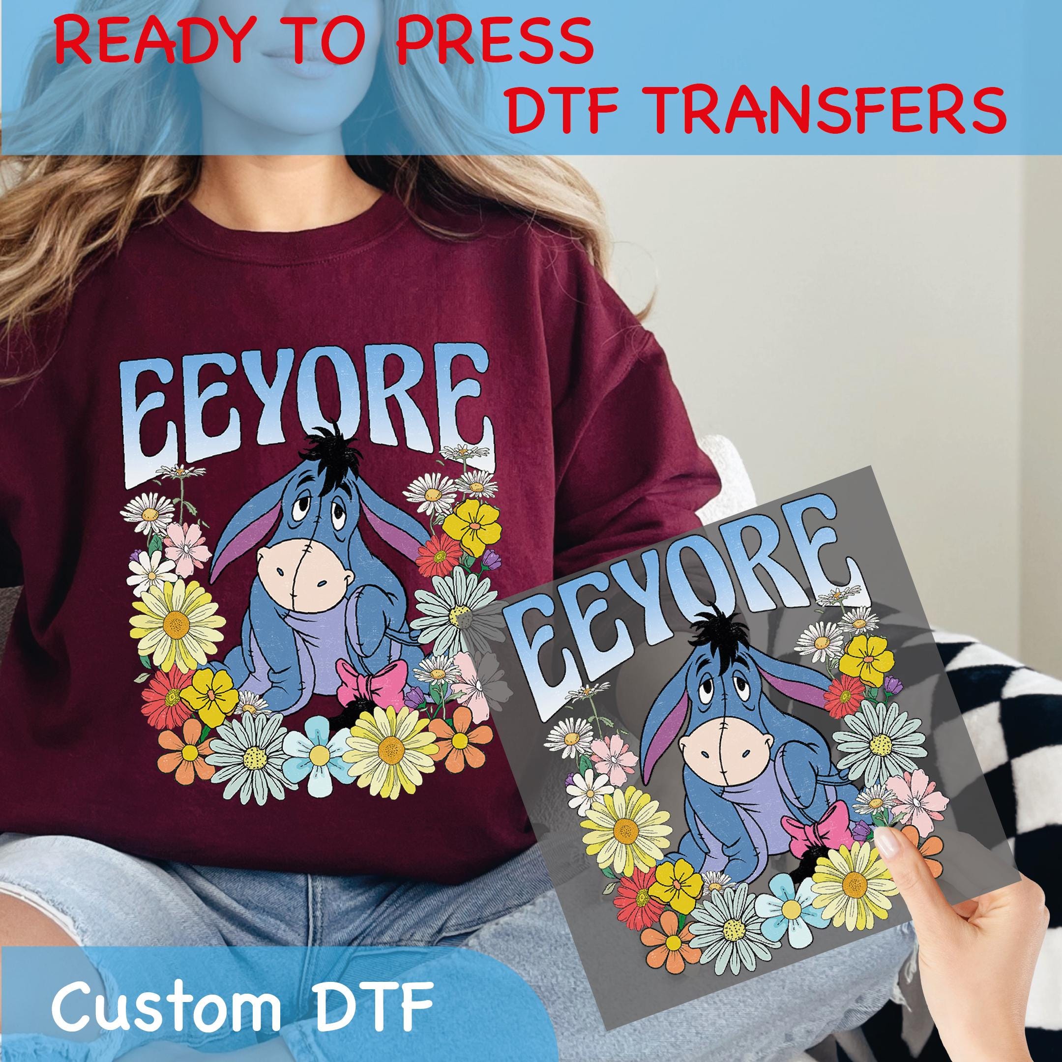 Retro Disney Eeyore Ready to Press, Floral Winnie the Pooh DTF Transfer ...
