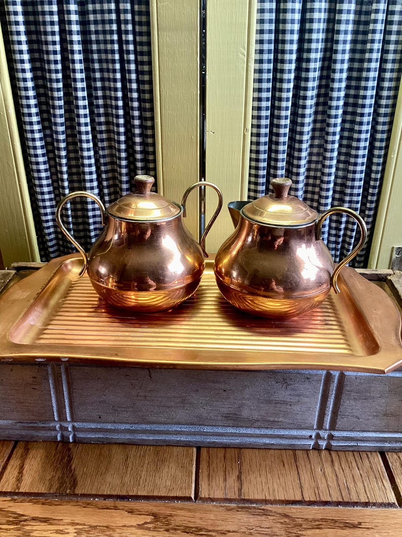 MCM Retro Brass and Copper Teapot Sugar Creamer Tray Set - Etsy
