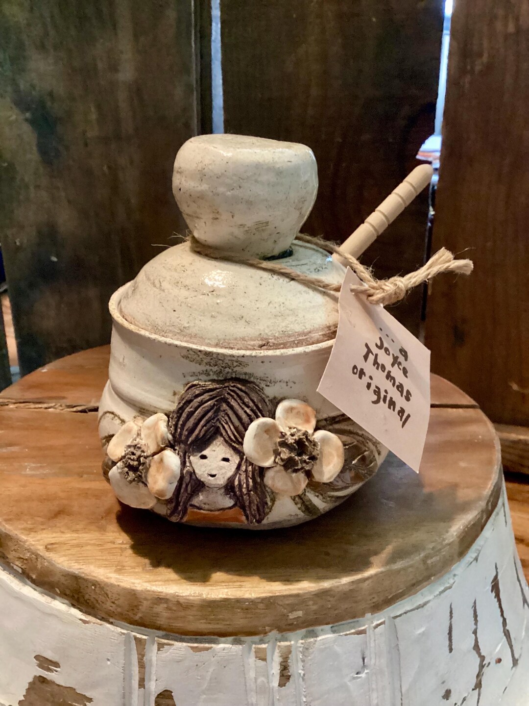 Joyce Thomas Original Stoneware Ristic Honey Pot With Girl and Flowers ...