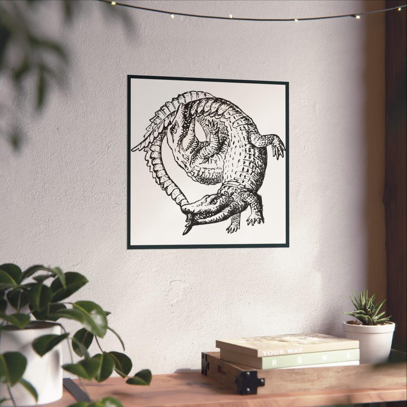 Vintage Illustration Square Alligator Ouroboros Tattoo Style Drawing ...