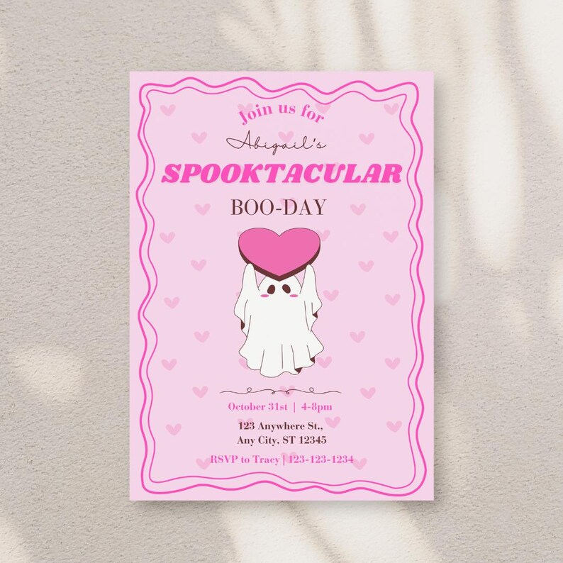 Editable Halloween Spooky Vibes Ghost Invitation Girly Pink Hearts ...