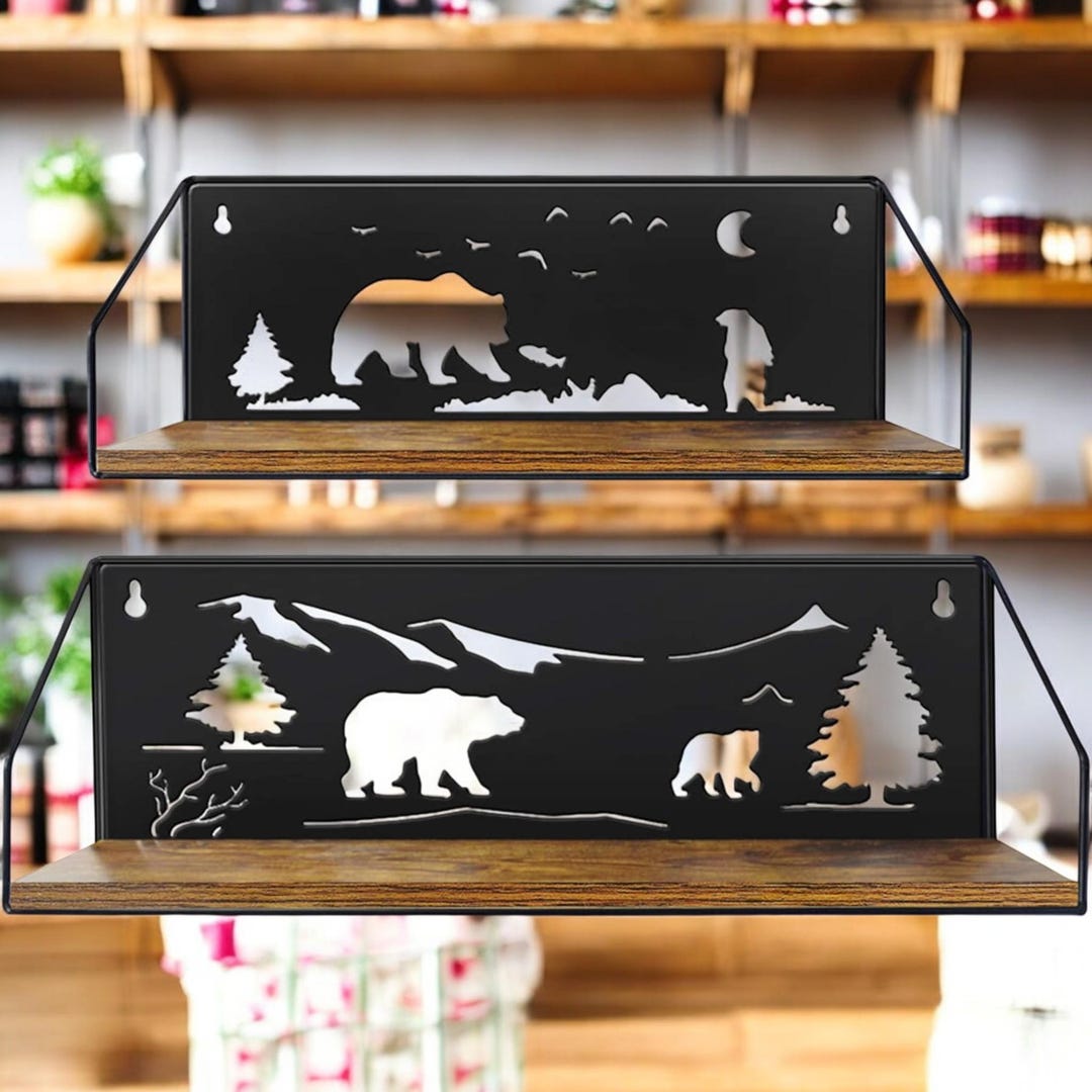 Rustic Bear Floating Shelves – Wooden Wall Shelves With Bear Cutouts ...