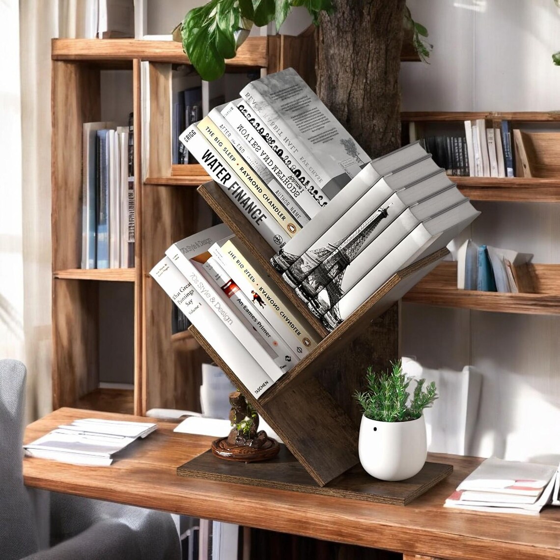 3-tier Tree Bookshelf | Freestanding Wooden Desk Organizer for Books ...