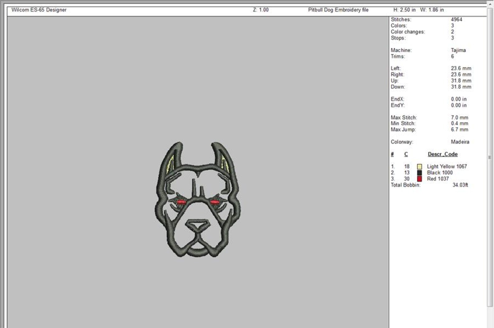 Pit Bull Dog Design DST,PES File for Embroidery Tajima, Barudan or Any ...