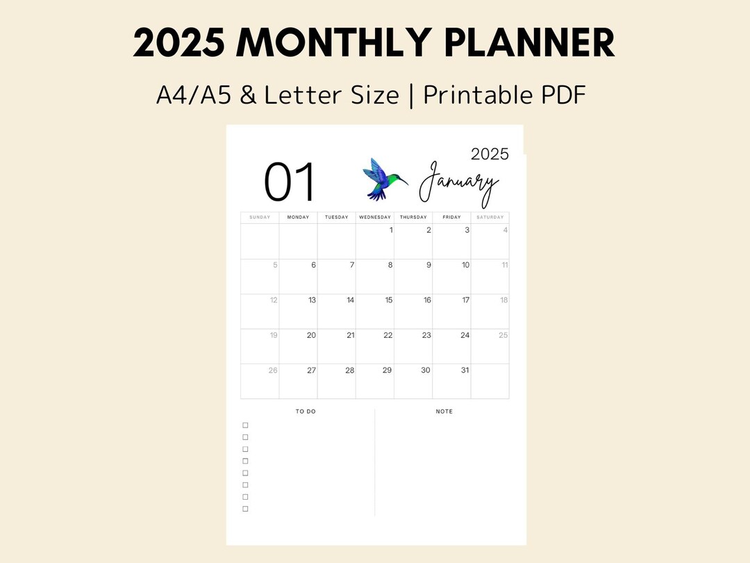 2025 Birds Monthly Planner on One Page Portrait, Monthly Organizer ...