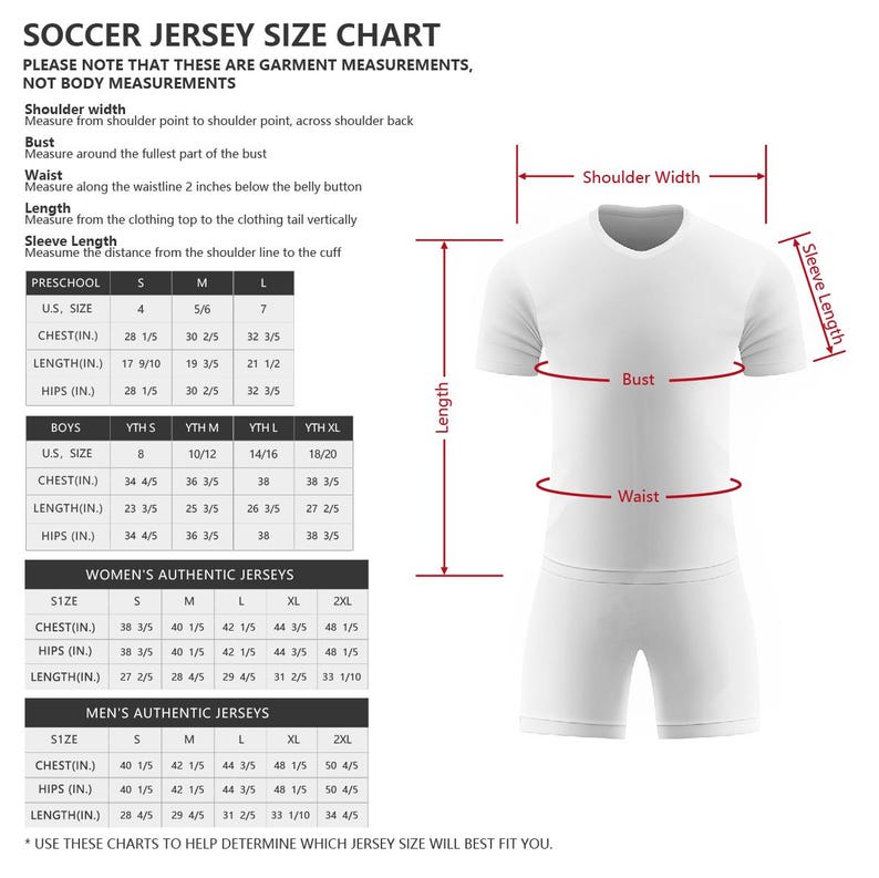 Soccer Shots Jersey Size Chart