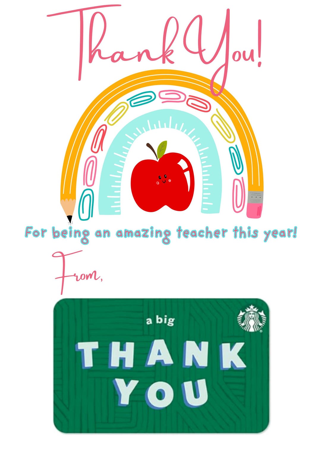 Teacher Appreciation, End of Year Teacher Gift, Teacher Thank You Card ...