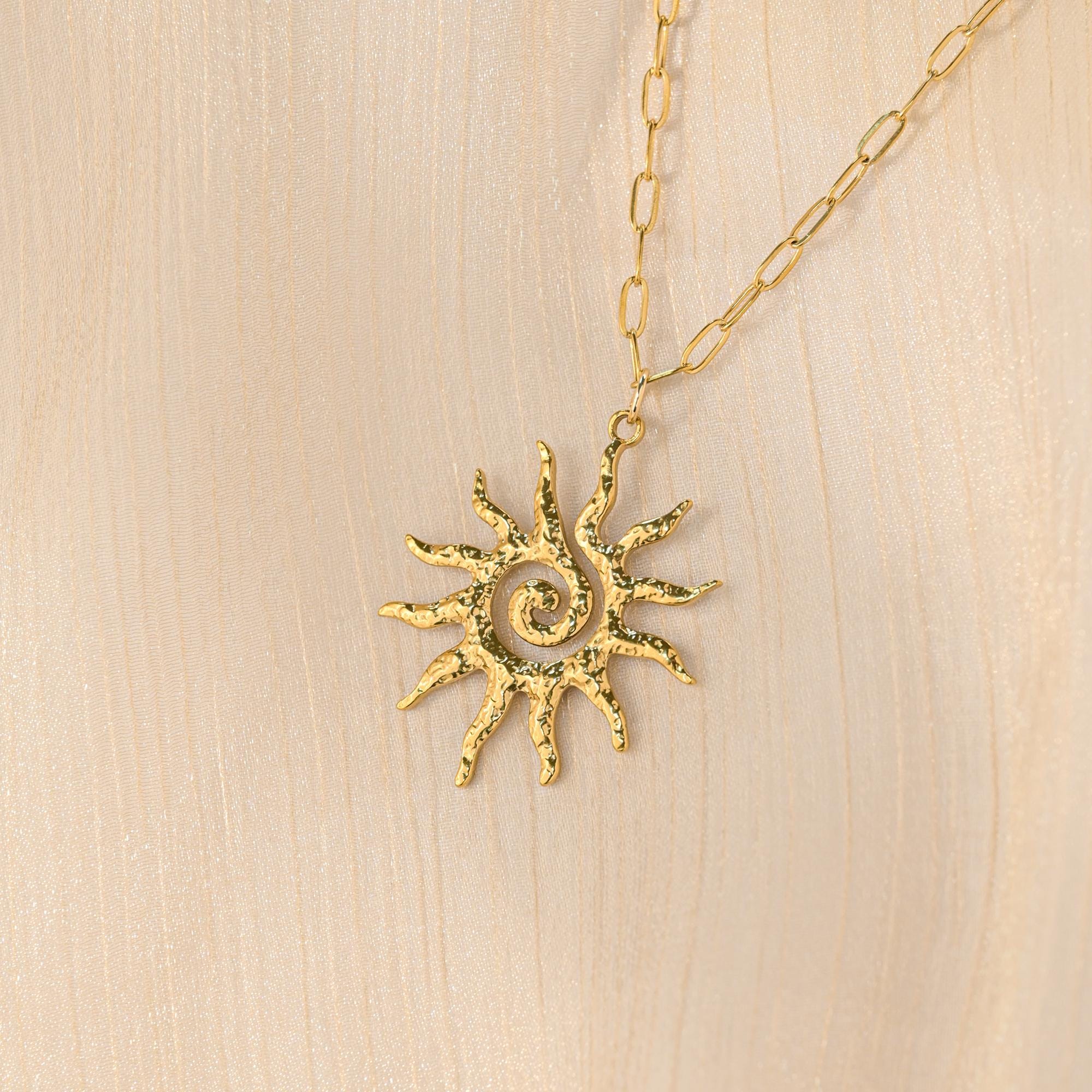 Sun Necklace, 18K Gold Sun Pendant Necklace, Gold Hammered Spiral Sun ...
