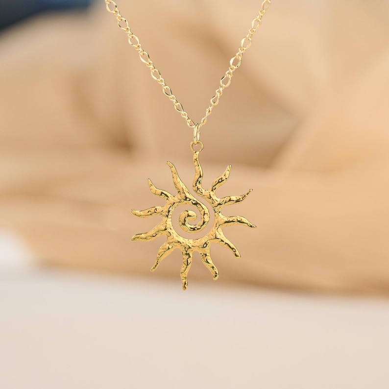 Sun Necklace, 18K Gold Sun Pendant Necklace, Gold Hammered Spiral Sun ...