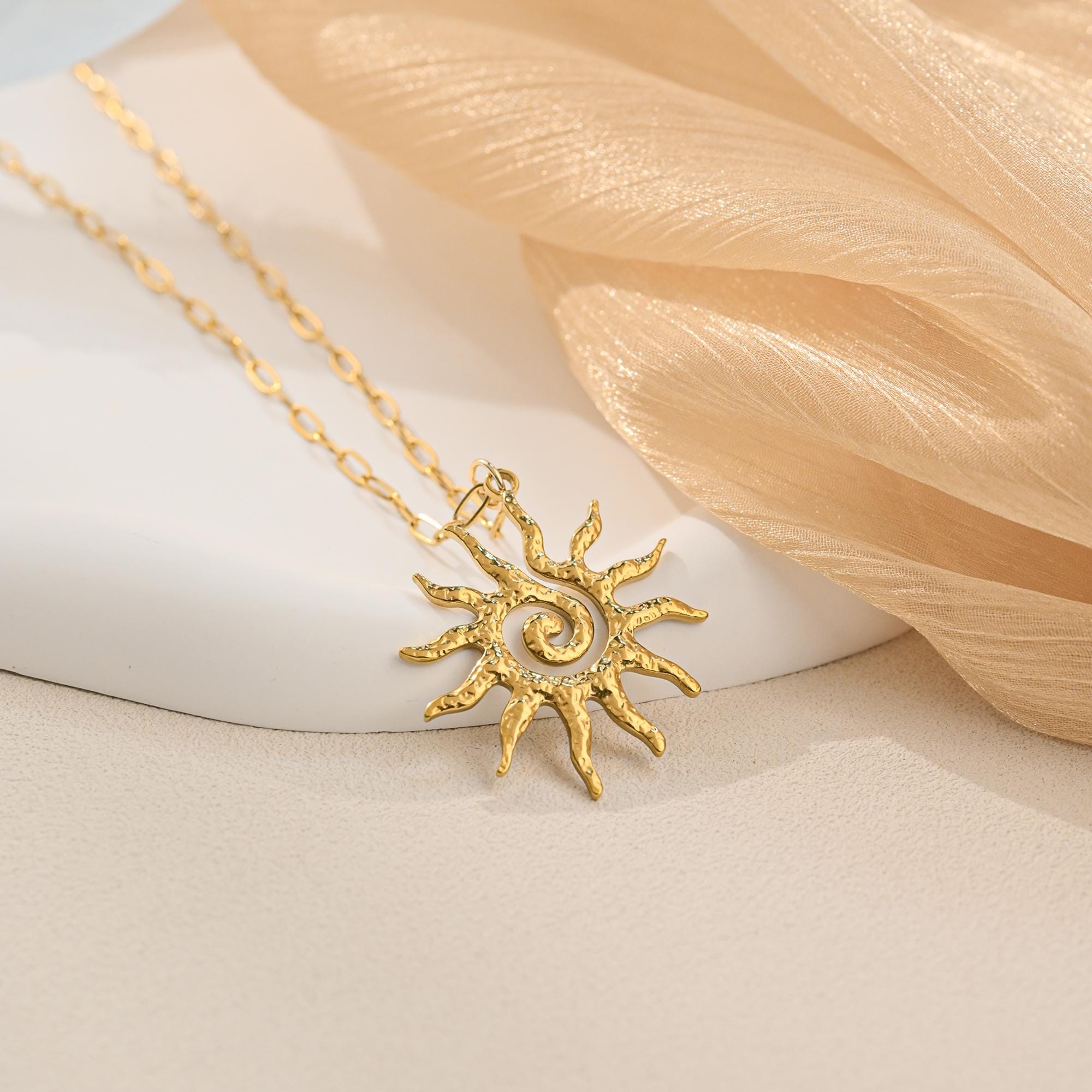 Sun Necklace, 18K Gold Sun Pendant Necklace, Gold Hammered Spiral Sun ...