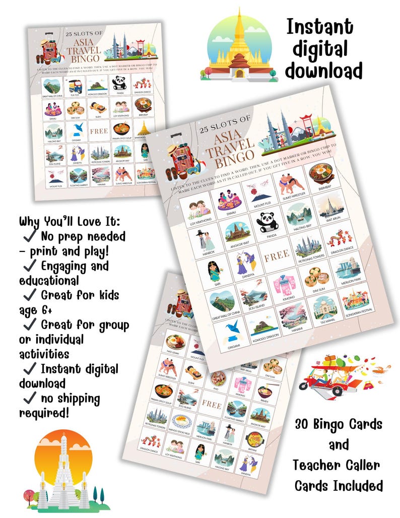 Asia Travel Bingo Game - 30 Printable Geography Activity for Kids ...