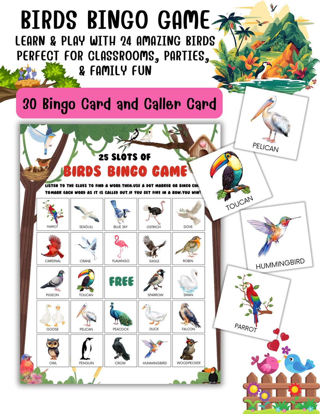 Bird Bingo Game, 30 Cards, Nature Learning Activity (PDF) - Etsy