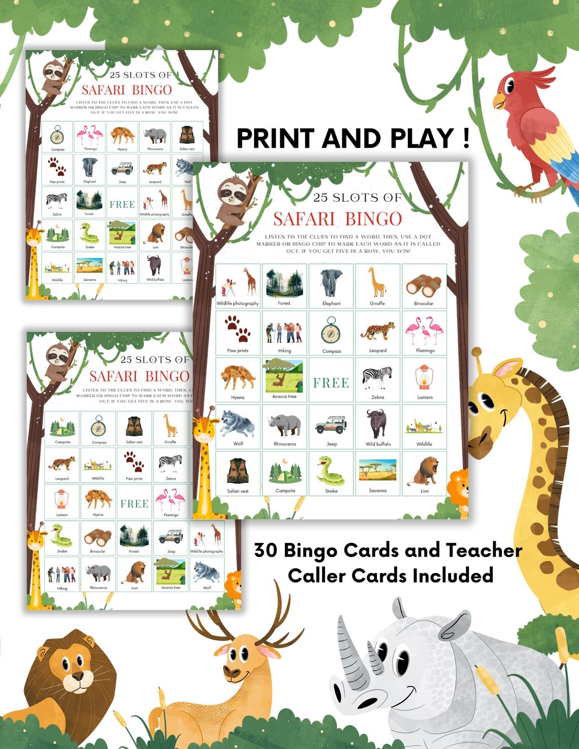 30 Safari Bingo Cards Printable Game for Kids - Etsy