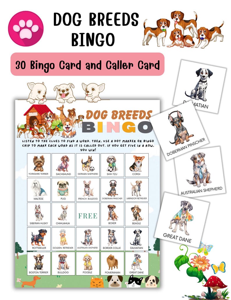 Dog Breeds Bingo Game: Printable Kids Pet Party Activity (instant ...