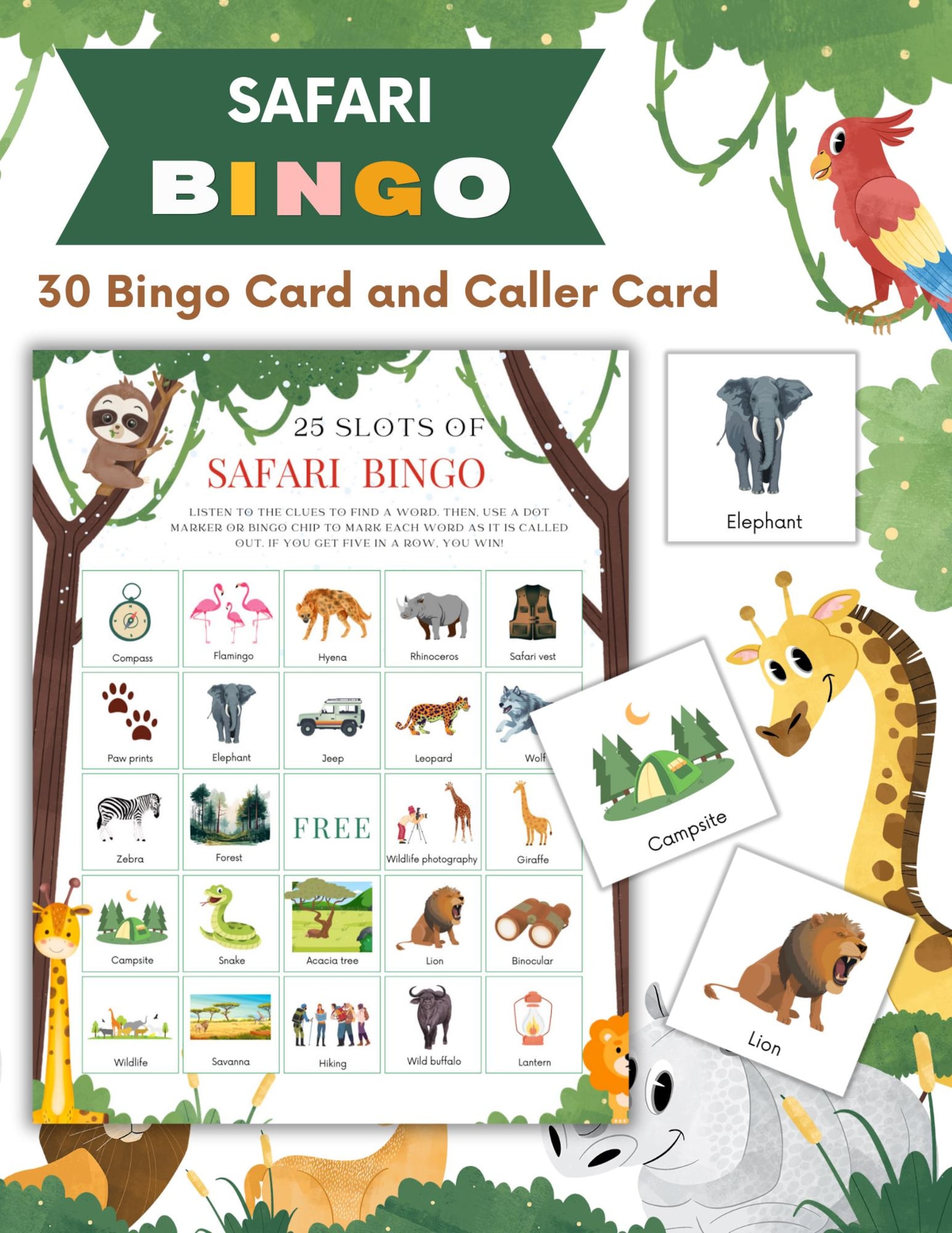 30 Safari Bingo Cards Printable Game for Kids - Etsy