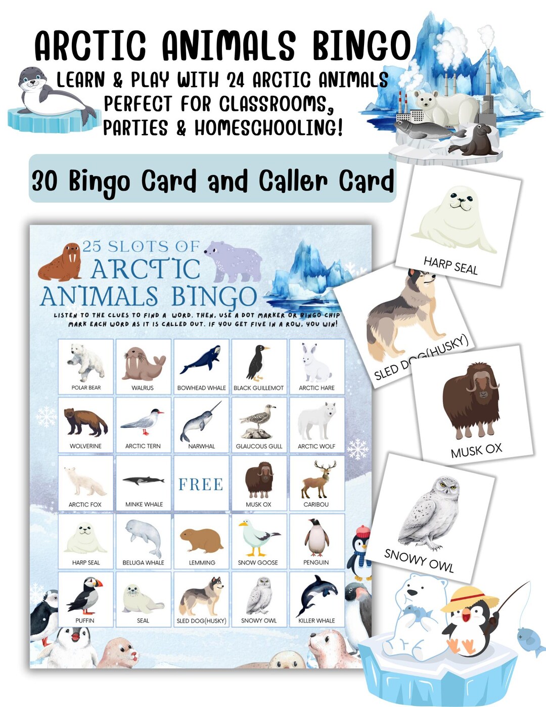 Arctic Animals Bingo Game – Printable Educational Winter Activity for ...