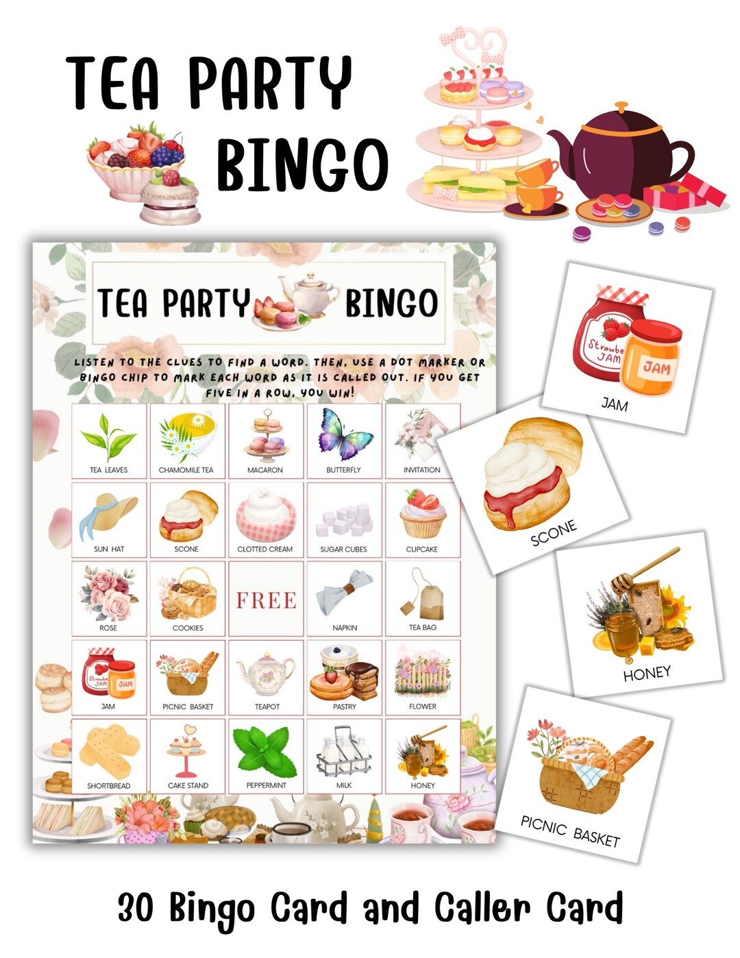 Tea Party Bingo Game: Printable Kids Birthday Activity (30 Cards ...