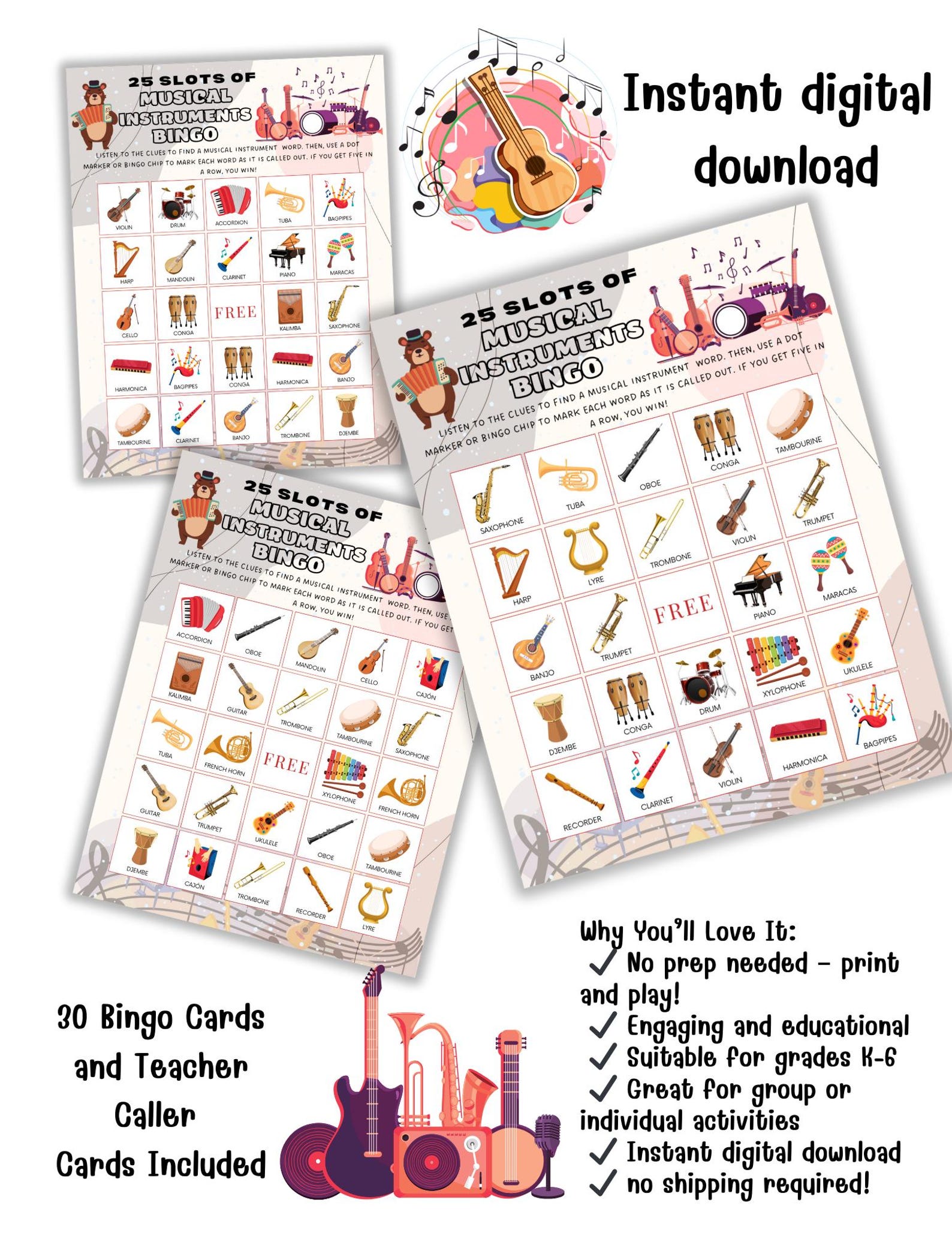 Musical Instruments Bingo Game | Music Class Printable | Kids Music ...