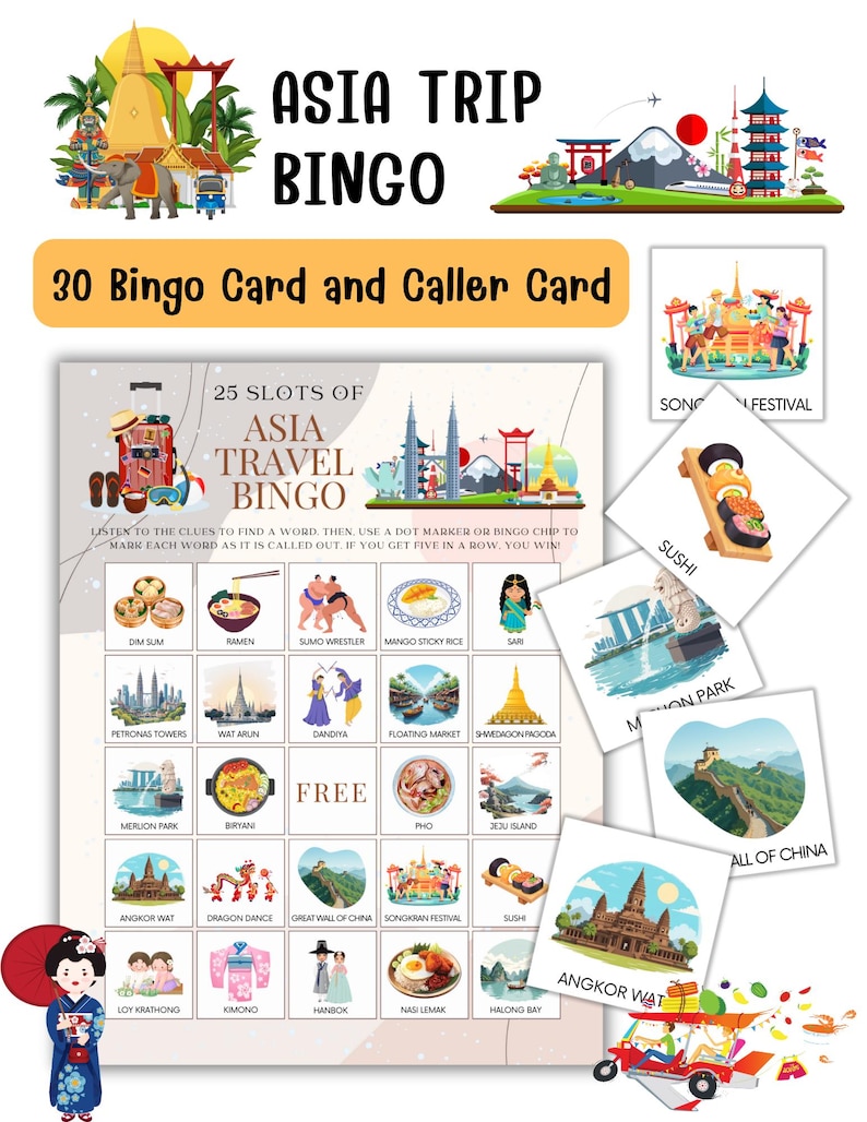 Asia Travel Bingo Game - 30 Printable Geography Activity for Kids ...