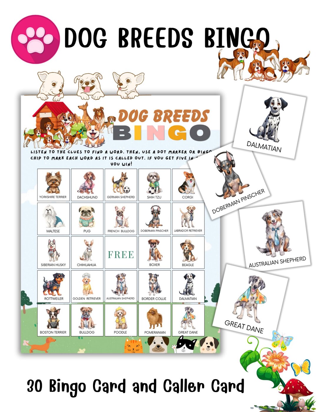 Dog Breeds Bingo | Printable Dog Bingo Game for Kids | Pet Party ...