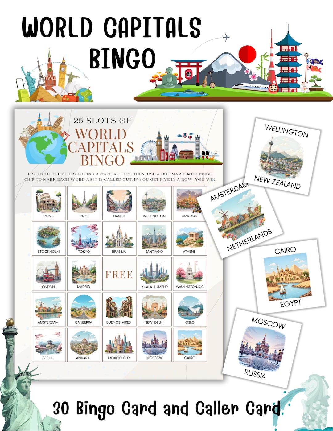 World Capitals Bingo Game: Printable Geography Activity for Kids (PDF ...