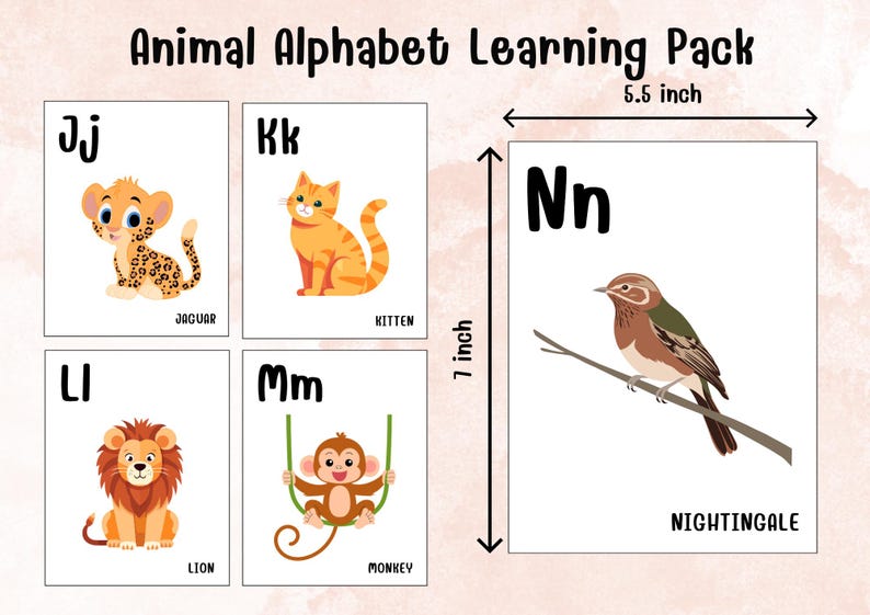 Animal Alphabet Flashcards: Printable ABC Learning Cards (5.5x7 In, PDF ...