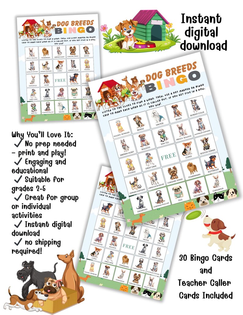 Dog Breeds Bingo Game: Printable Kids Pet Party Activity (instant ...