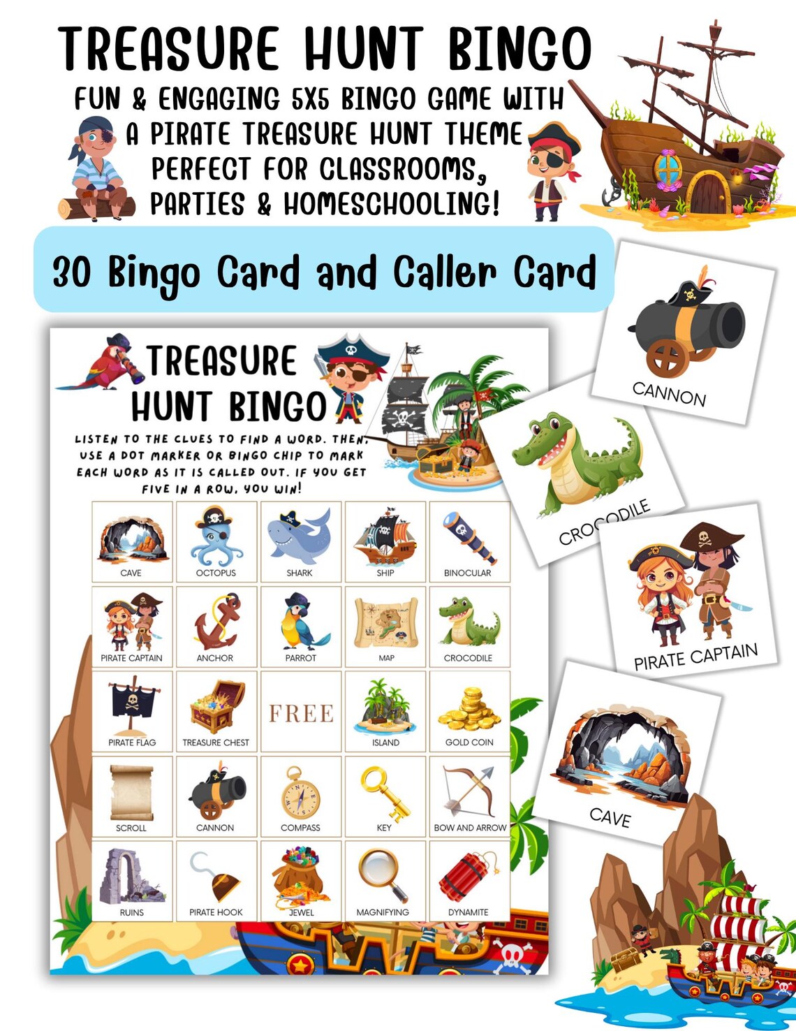 Treasure Hunt Bingo Game – Pirate Theme Printable for Kids | Classroom ...