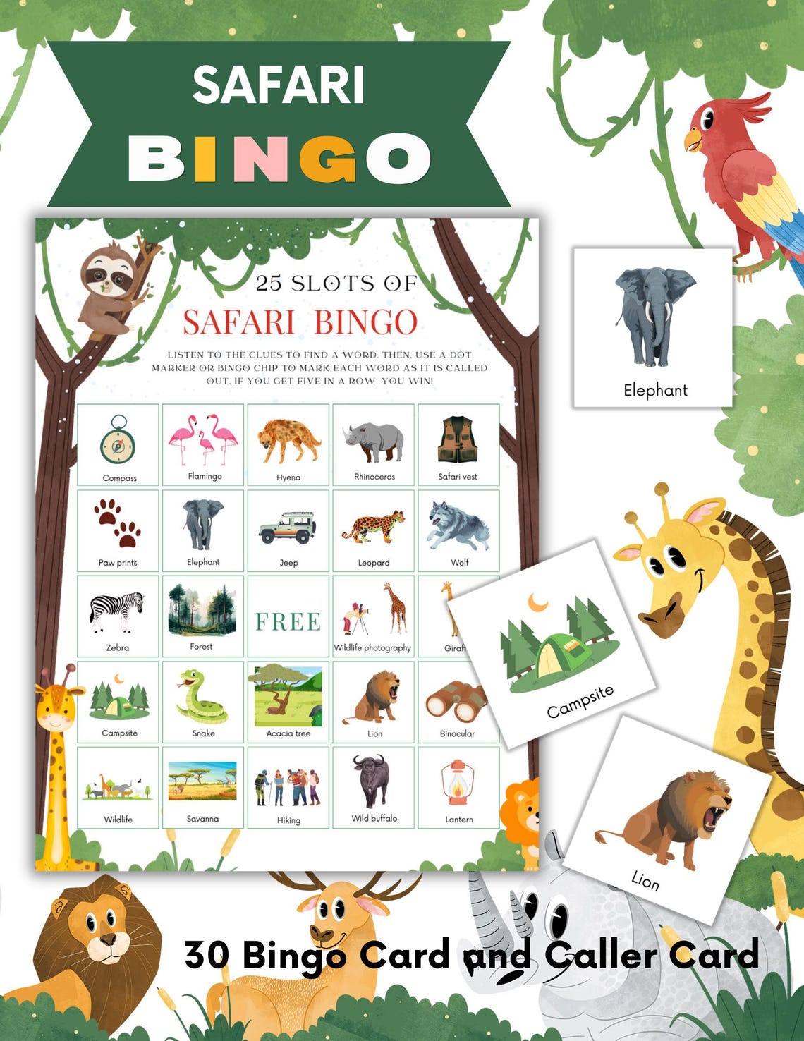 30 Safari Bingo Cards Printable Game for Kids - Etsy