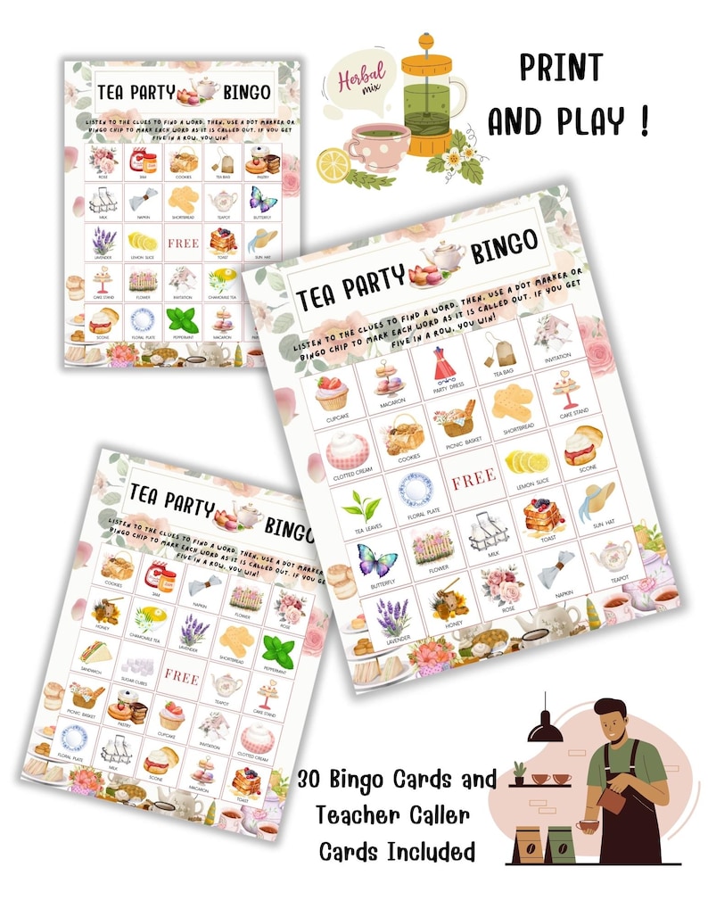 Tea Party Bingo Game: Printable Kids Birthday Activity (30 Cards ...