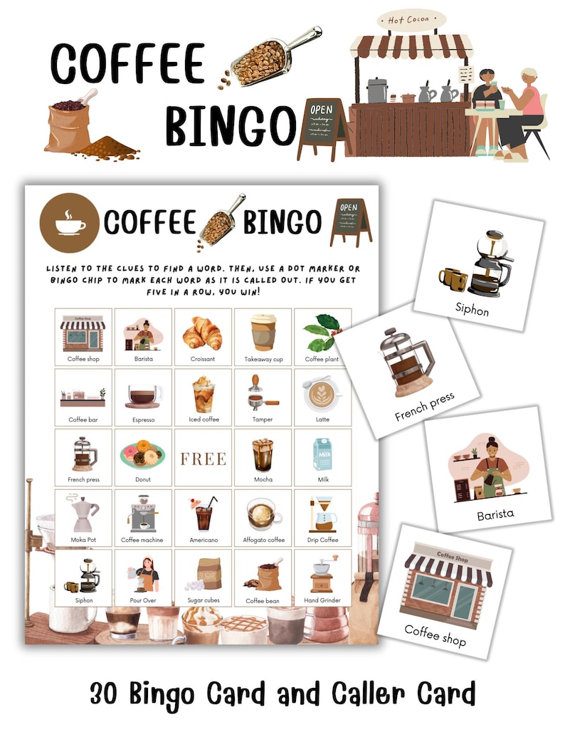 Coffee Bingo Game: 30 Printable Cards, Coffee Theme Party (PDF Download ...