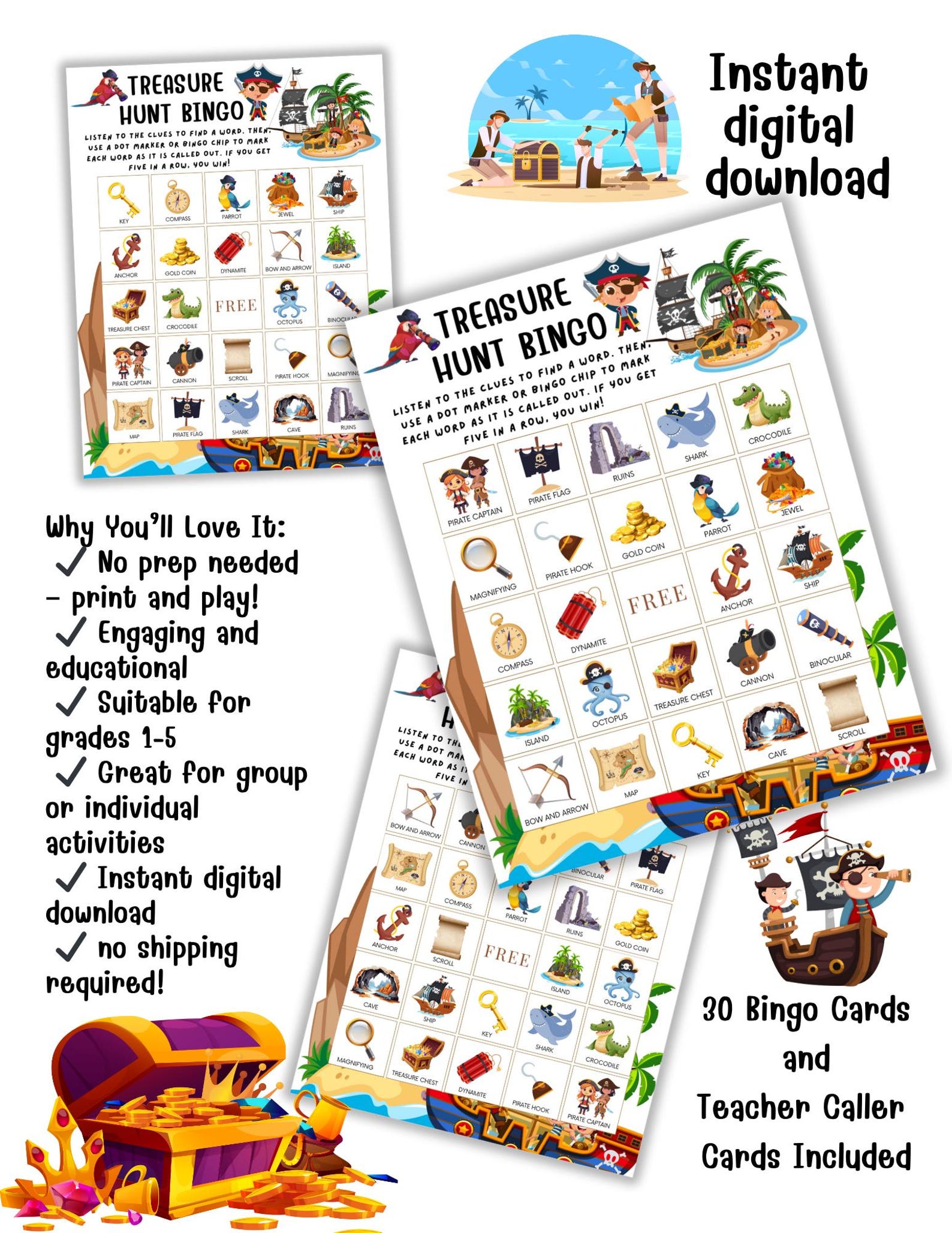 Treasure Hunt Bingo Game – Pirate Theme Printable for Kids | Classroom ...