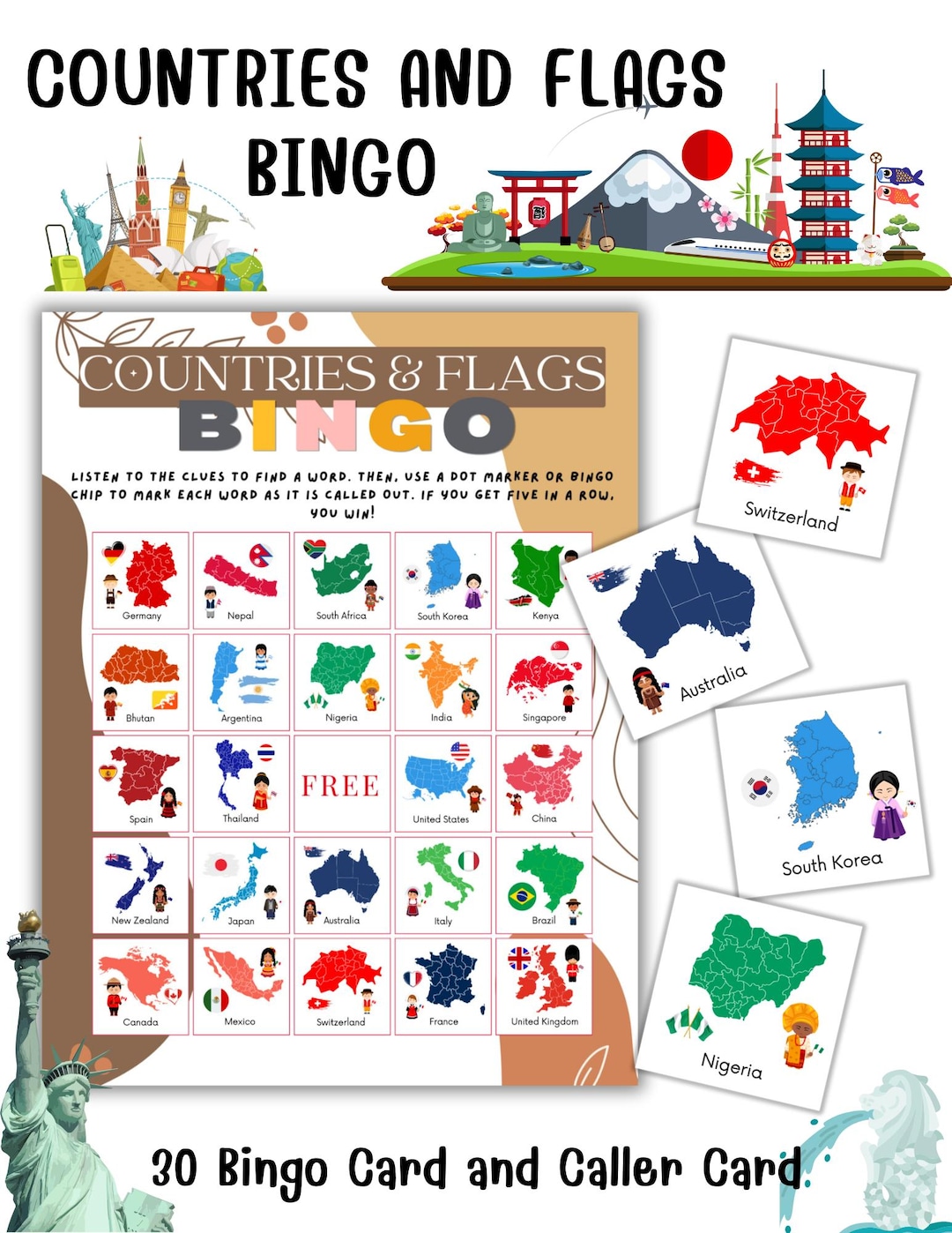 Countries and Flags Bingo | 30 Bingo Cards | Fun Geography Game for ...