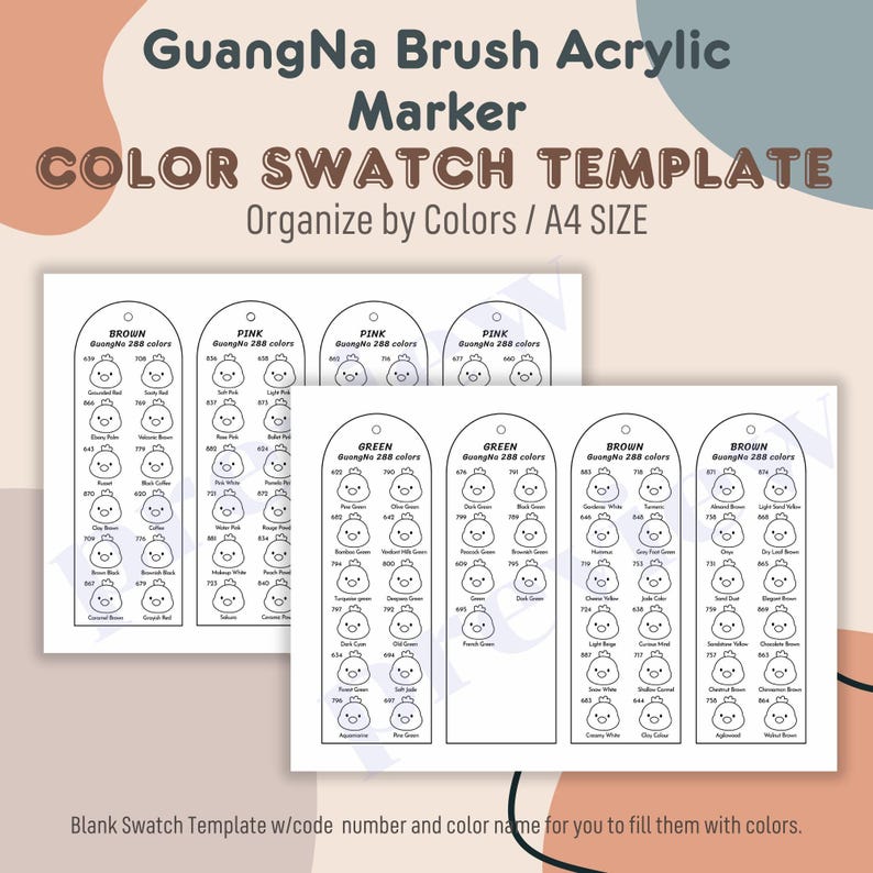 Guangna Brush Acrylic Marker Color Swatch Template,288 Colors ...