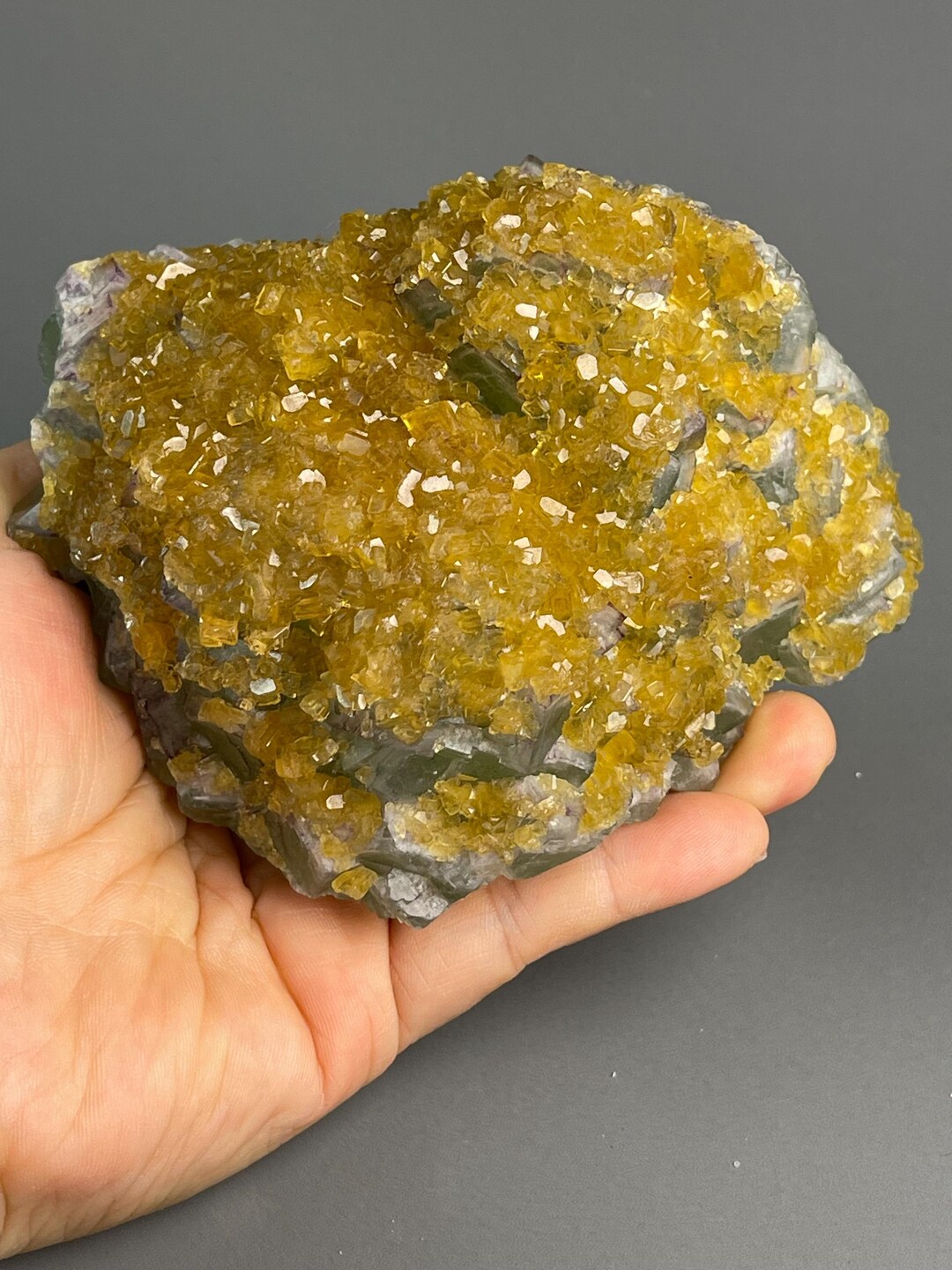 Large Shimmering Golden Barite on Green Fluorite Cluster - Natural ...