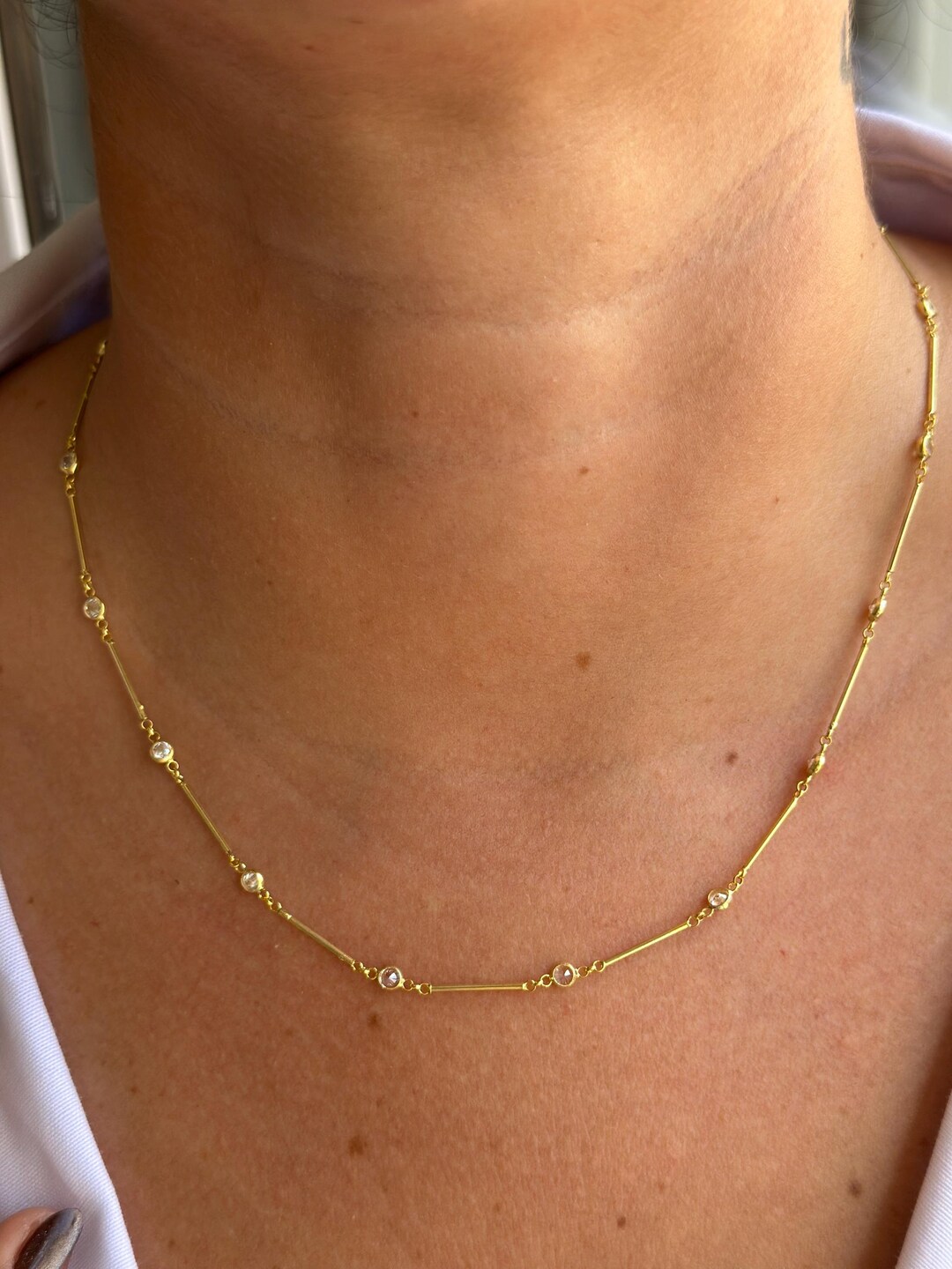 14k Gold Bar Bezel Diamond Station Necklace, Dainty Lab Diamond ...
