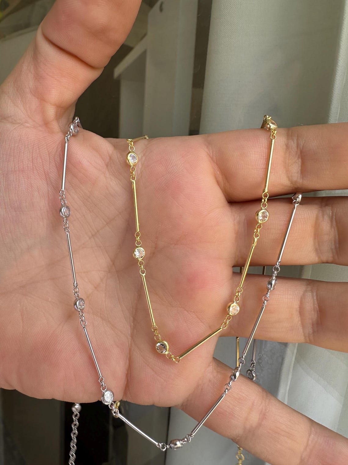 14k Gold Bar Bezel Diamond Station Necklace, Dainty Lab Diamond ...