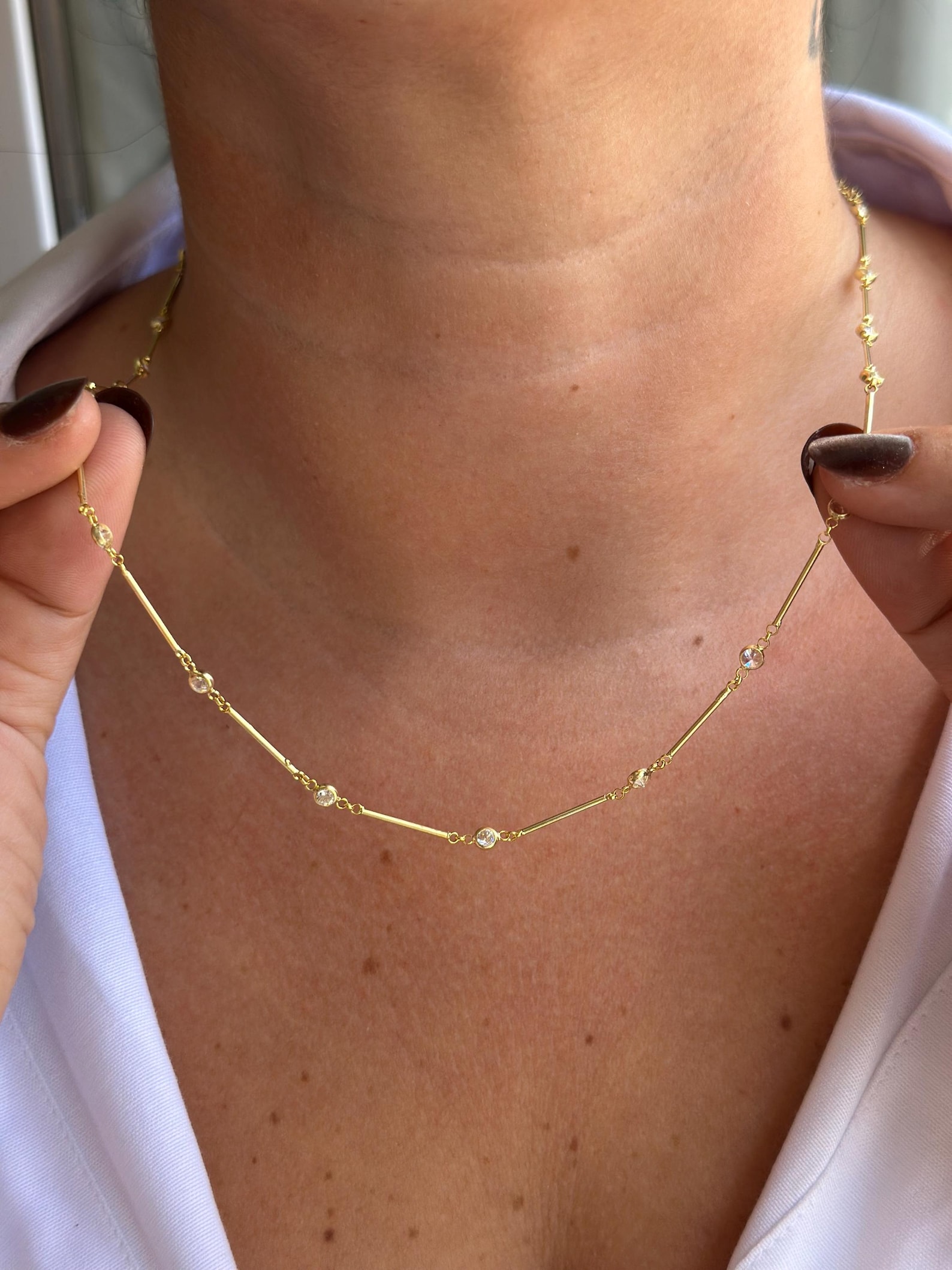 14k Gold Bar Bezel Diamond Station Necklace, Dainty Lab Diamond ...
