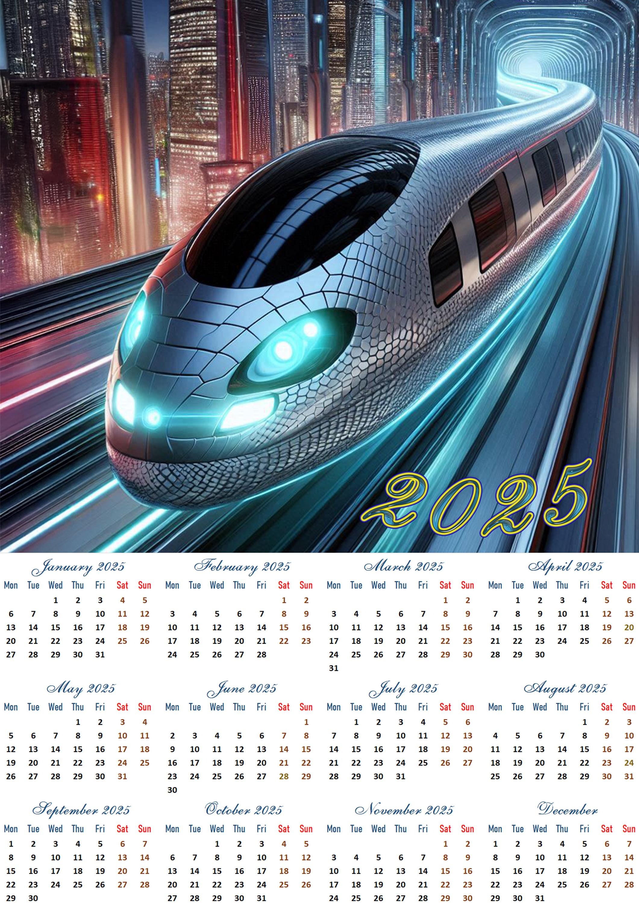 2025 Calendar Futuristic Snake Train Sci-fi Design High-speed ...